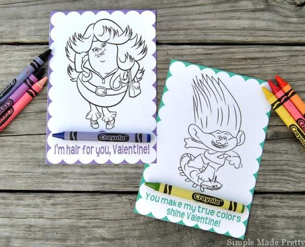 Free Printable Trolls Movie Valentine Coloring Cards - Simple Made Pretty